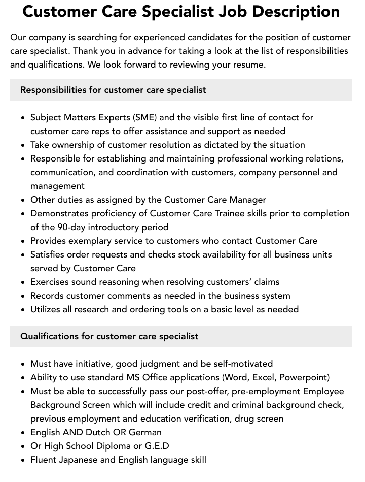 Customer Care Specialist Job Description Velvet Jobs Customer Care Specialist Job Description Velvet Jobs