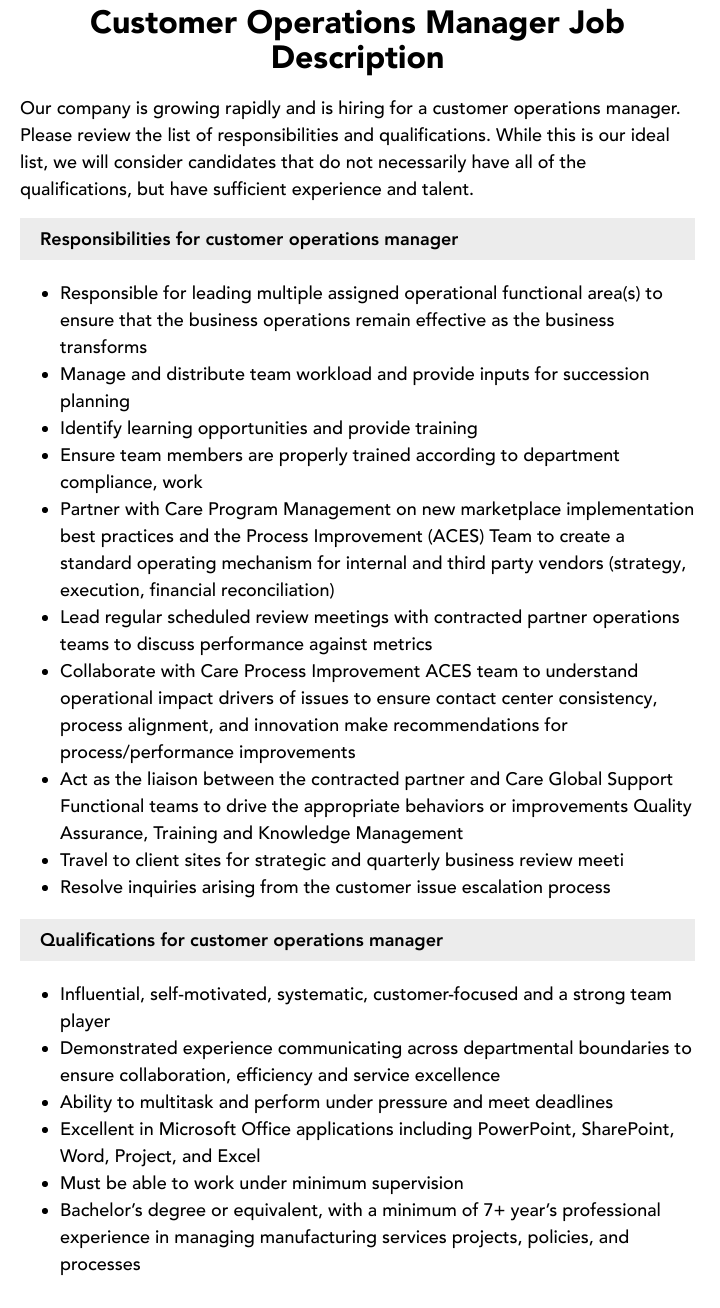 Customer Operations Manager Job Description Velvet Jobs