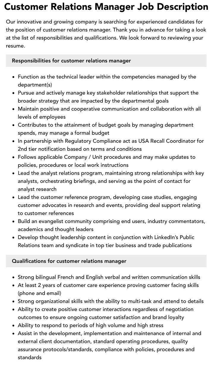 Customer Relations Manager Job Description Velvet Jobs