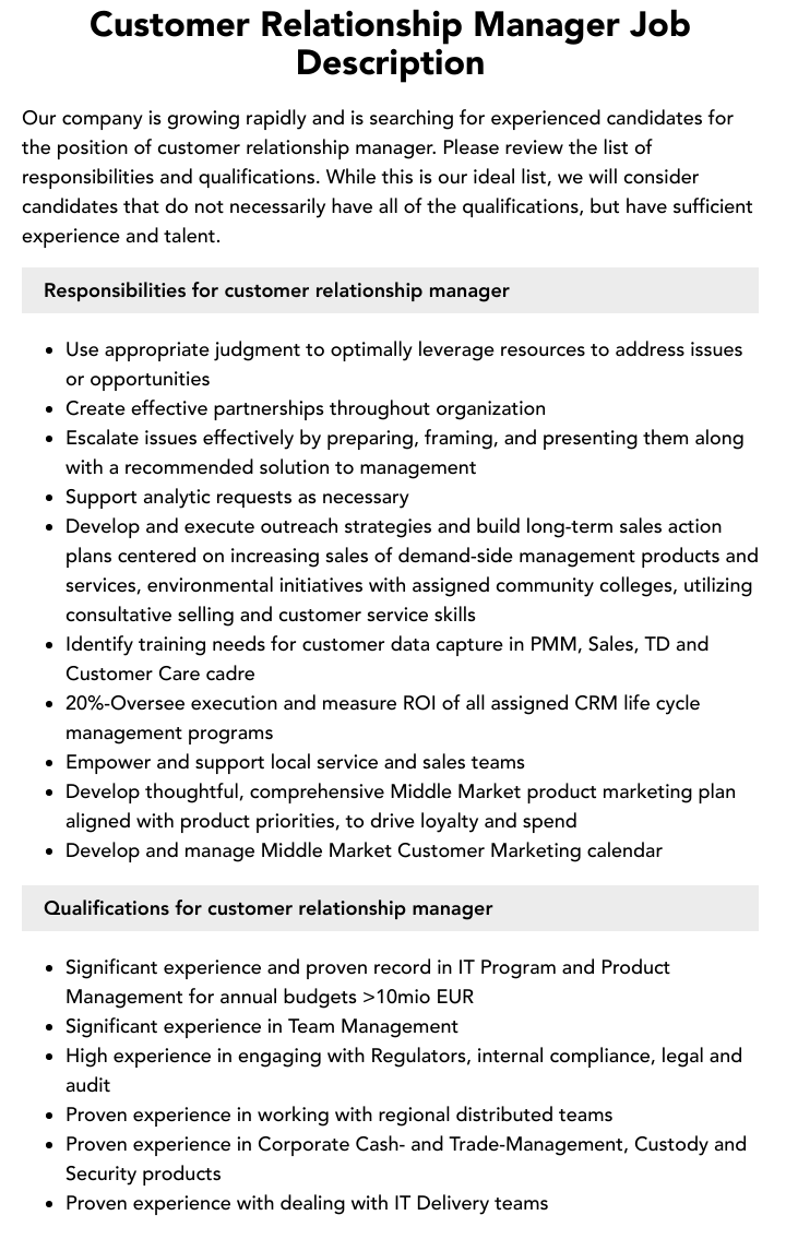 Customer Relationship Manager Job Description Velvet Jobs