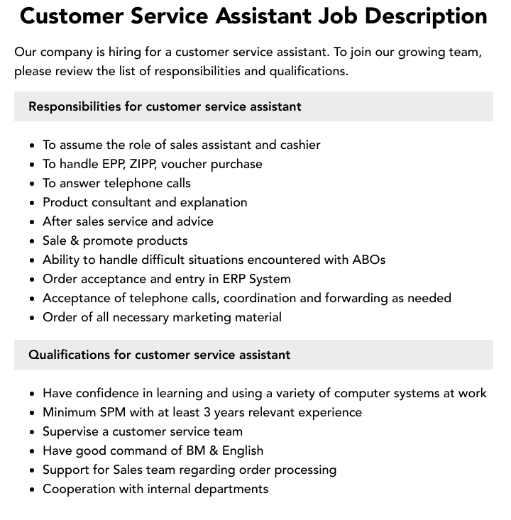 Customer Service Assistant Job Description Velvet Jobs