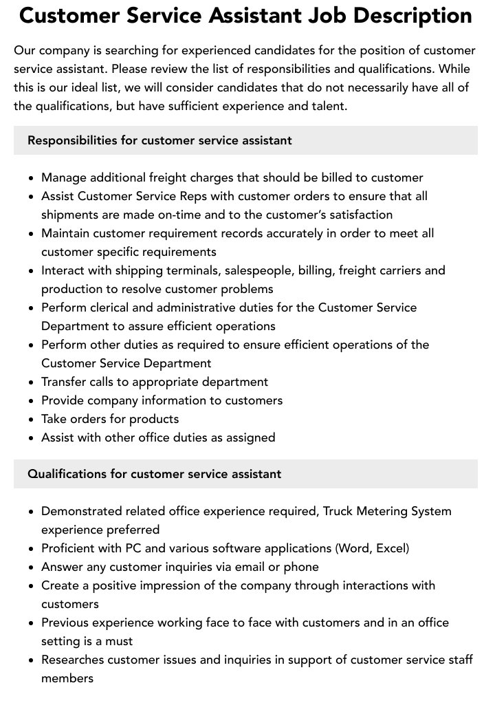 Customer Service Assistant Job Description Velvet Jobs