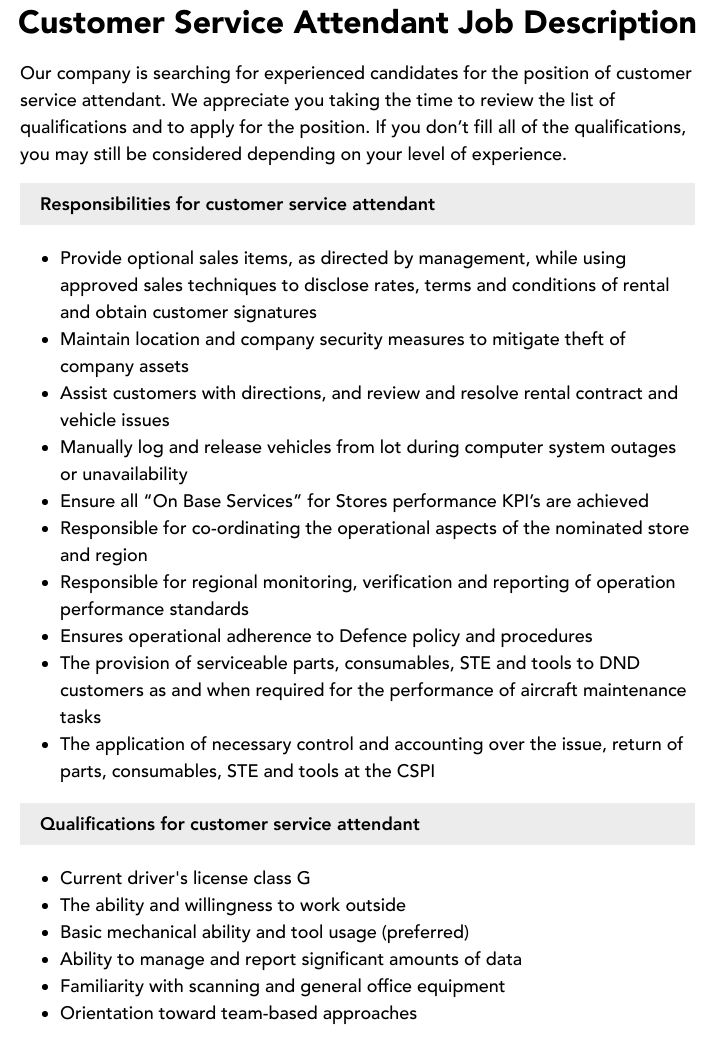 Customer Service Attendant Job Description Velvet Jobs