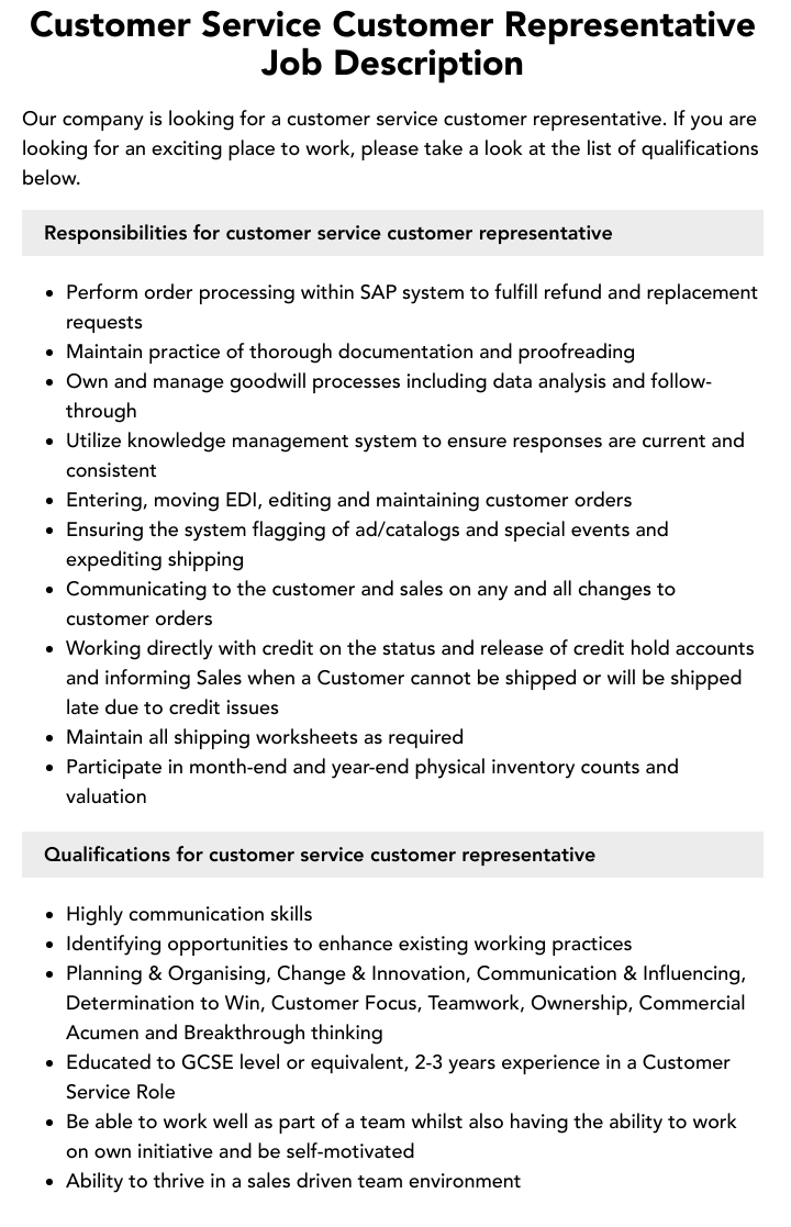 Customer Service Customer Representative Job Description Velvet Jobs