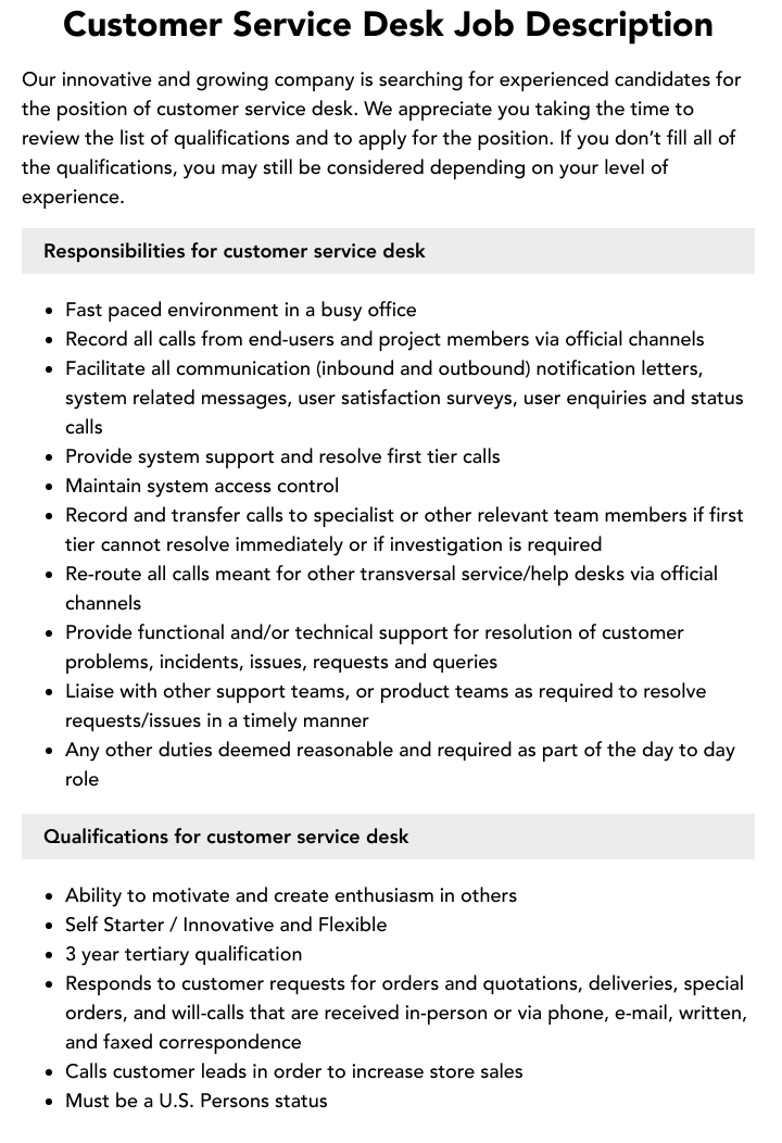 Customer Service Desk Job Description Velvet Jobs