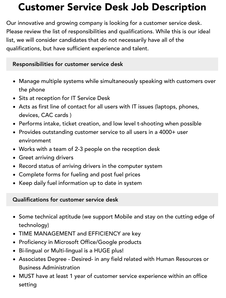 Customer Service Desk Job Description Velvet Jobs