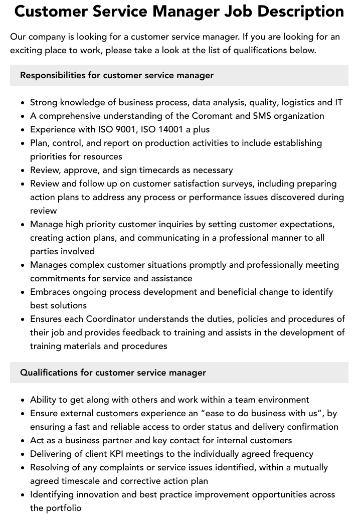 Customer Service Manager Job Description Velvet Jobs