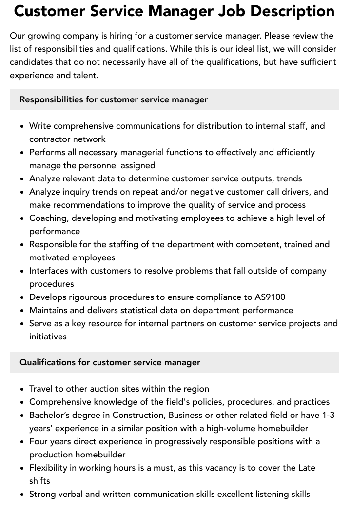 Customer Service Manager Job Description Velvet Jobs