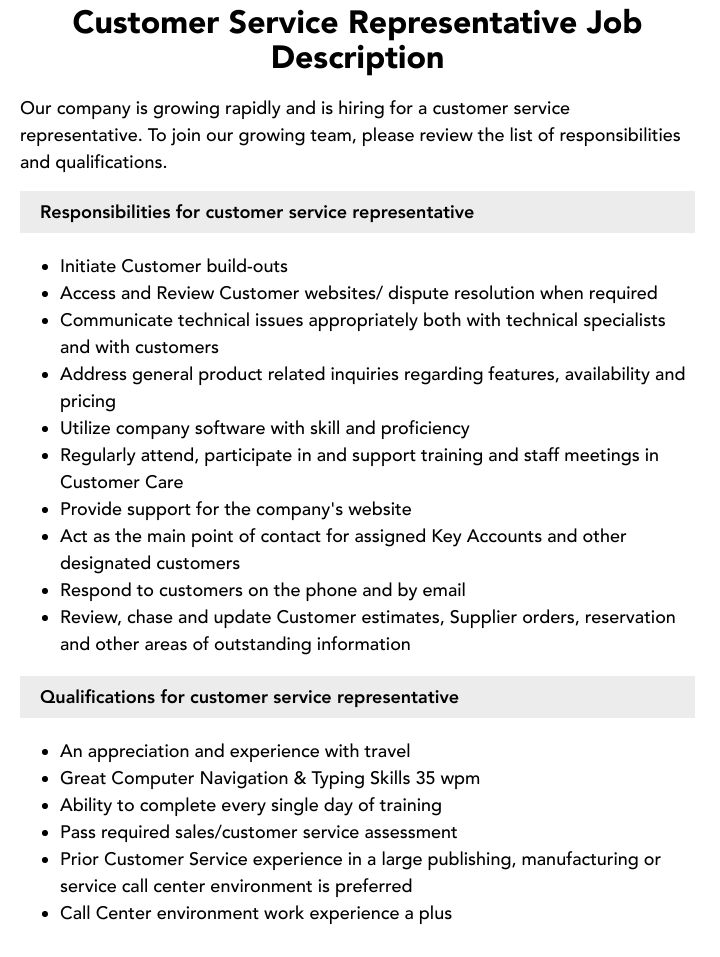 Customer Service Representative Job Description Velvet Jobs