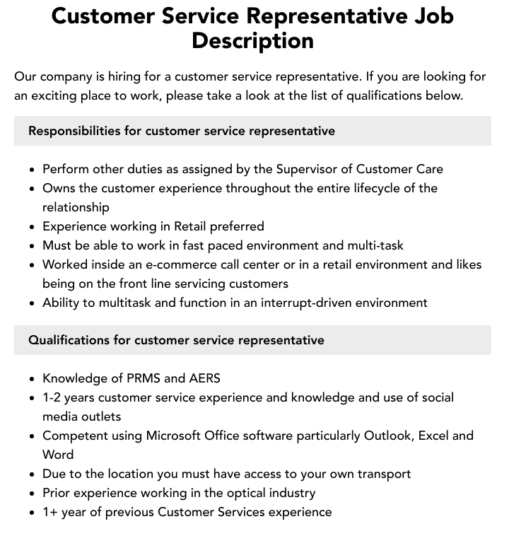 Customer Service Representative Job Description Velvet Jobs