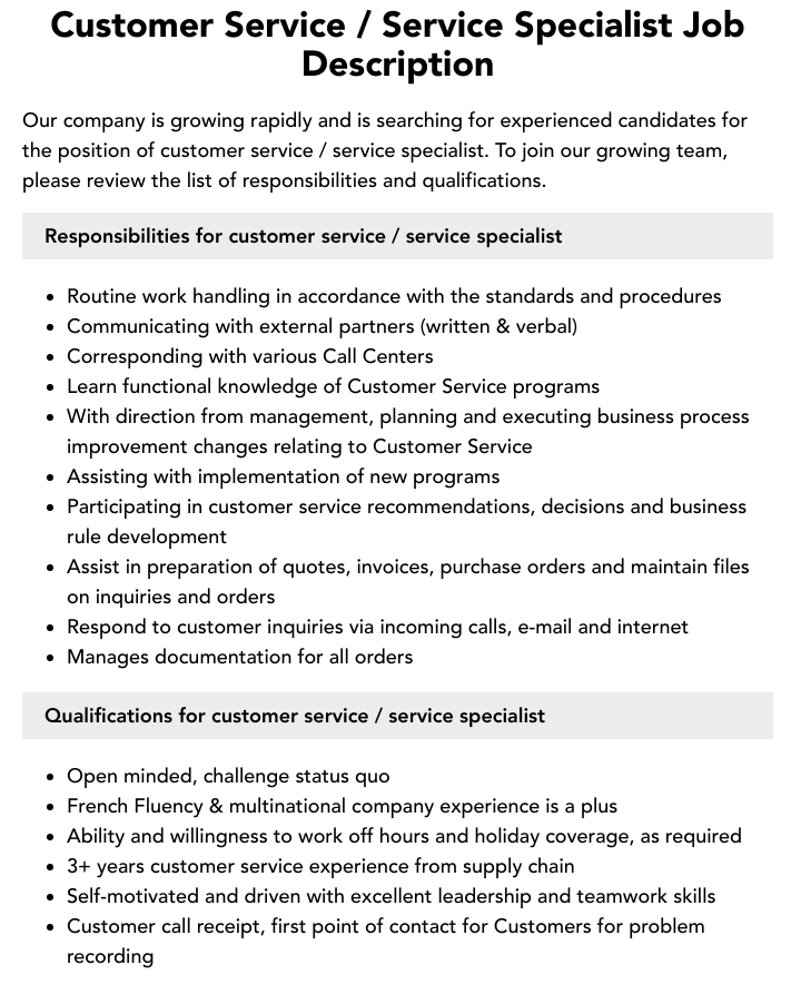 Customer Service Service Specialist Job Description Velvet Jobs Customer Service Service Specialist Job Description Velvet Jobs