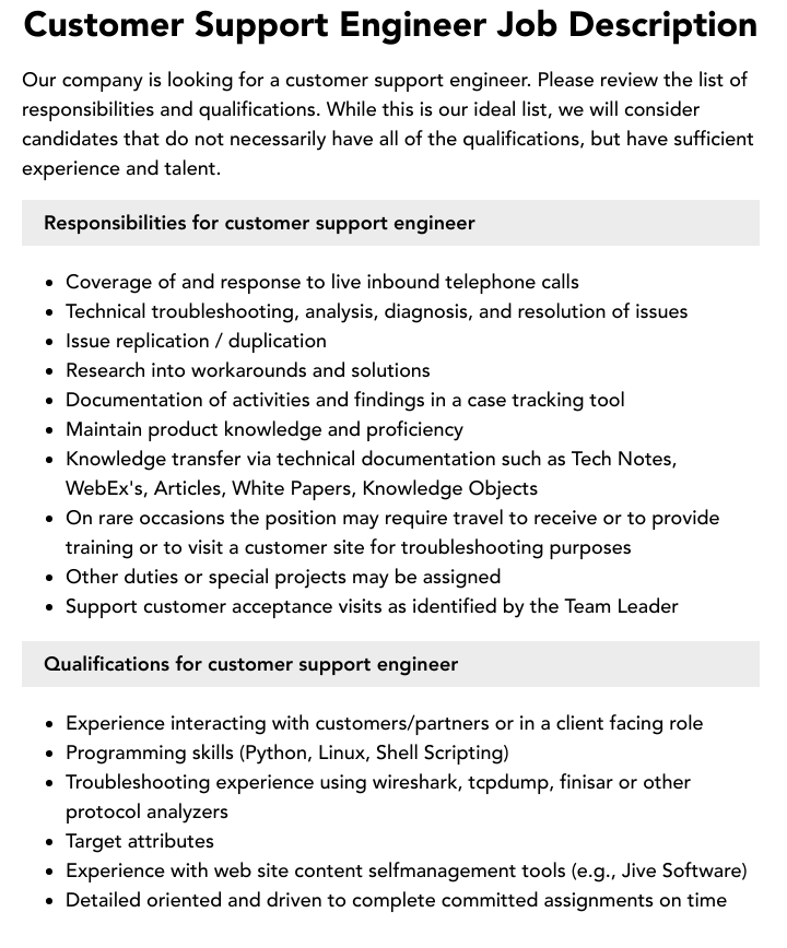 Customer Support Engineer Job Description Velvet Jobs