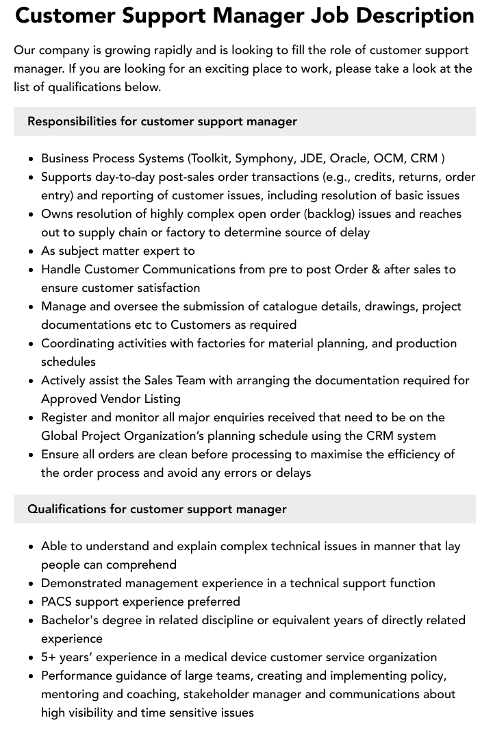 Customer Support Manager Job Description Velvet Jobs