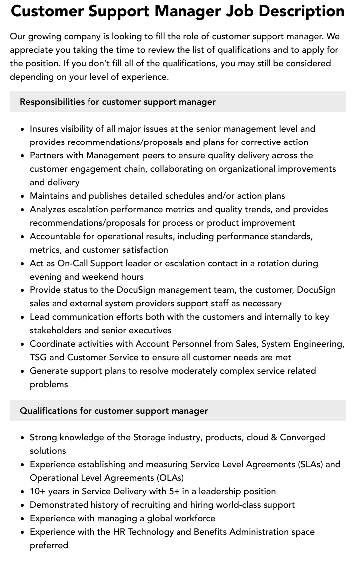 Customer Support Manager Job Description Velvet Jobs
