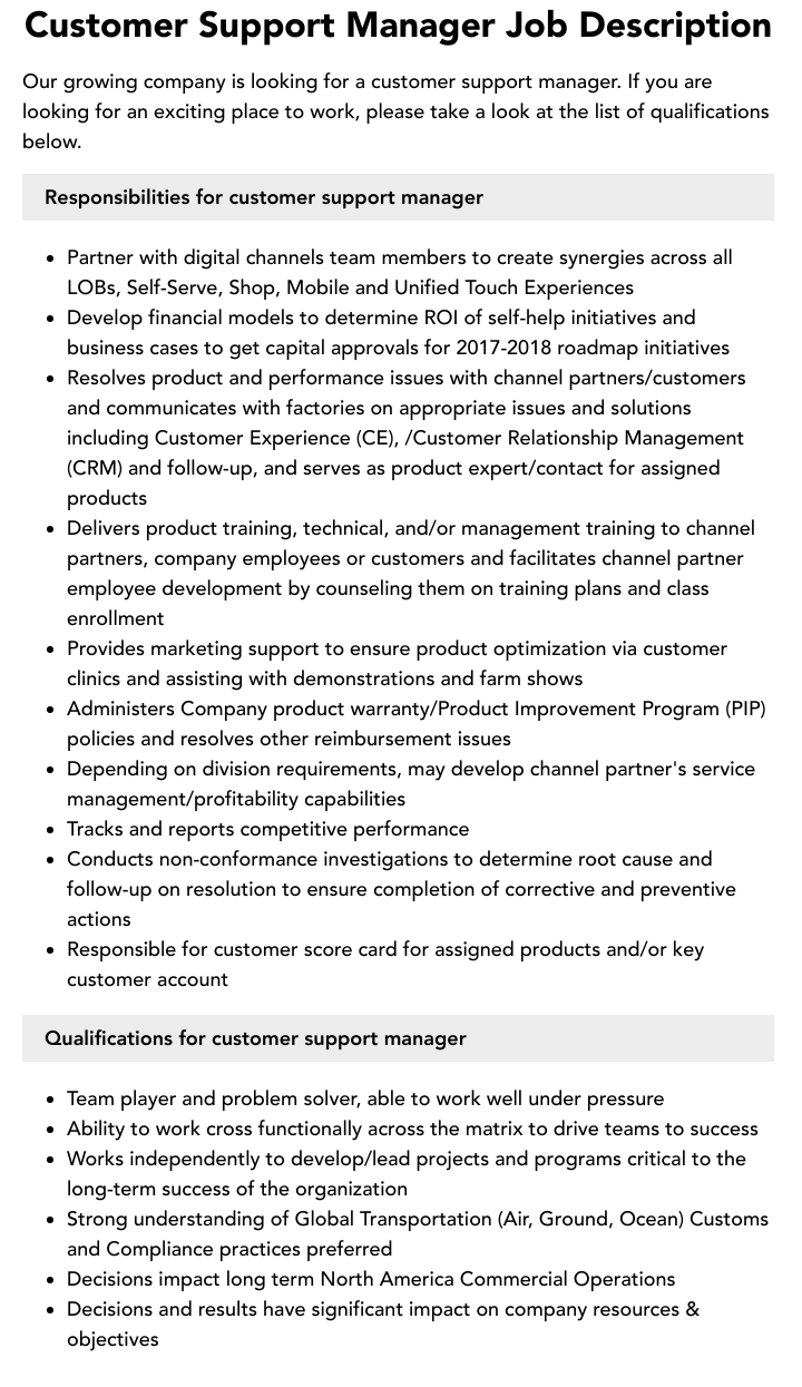 Customer Support Manager Job Description Velvet Jobs