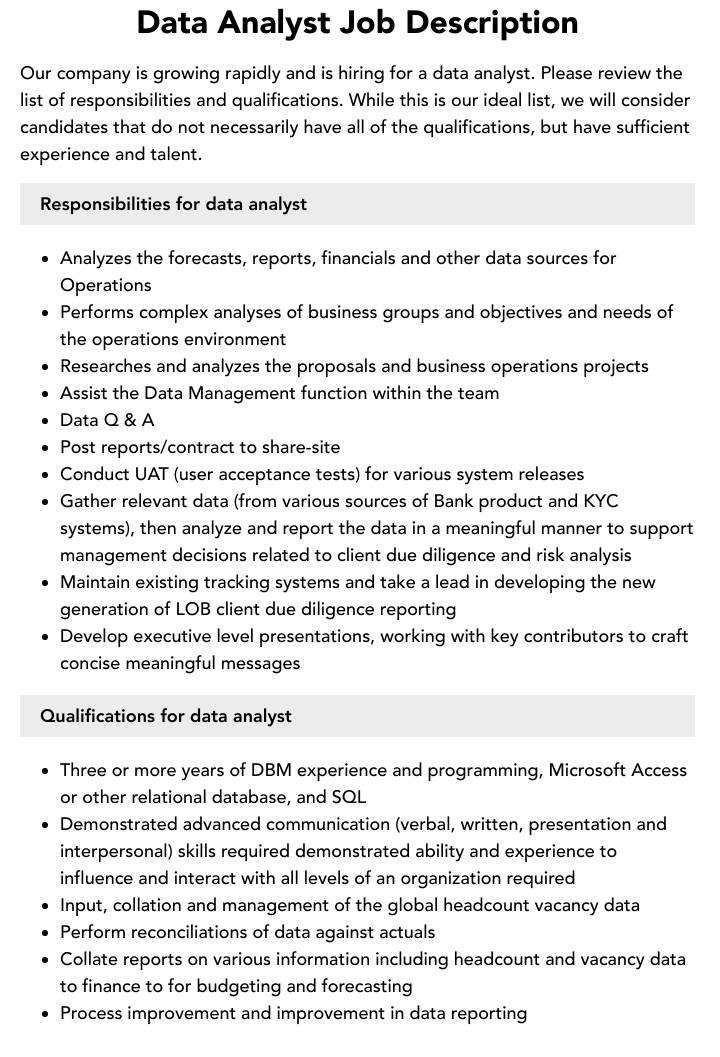 Data Analyst Job Description Velvet Jobs