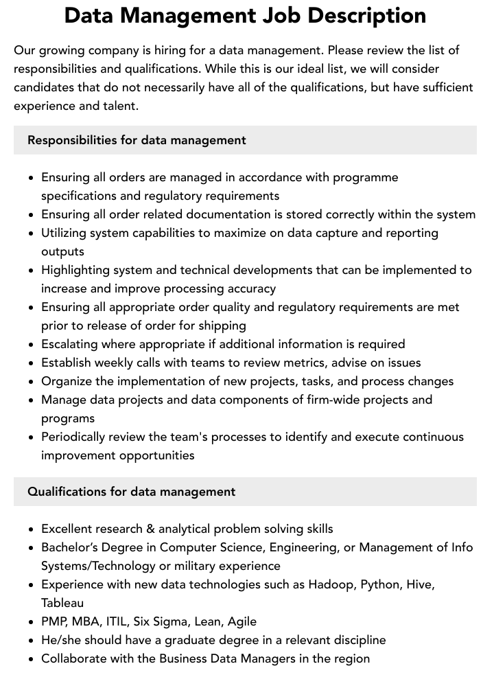 Data Management Job Description Velvet Jobs