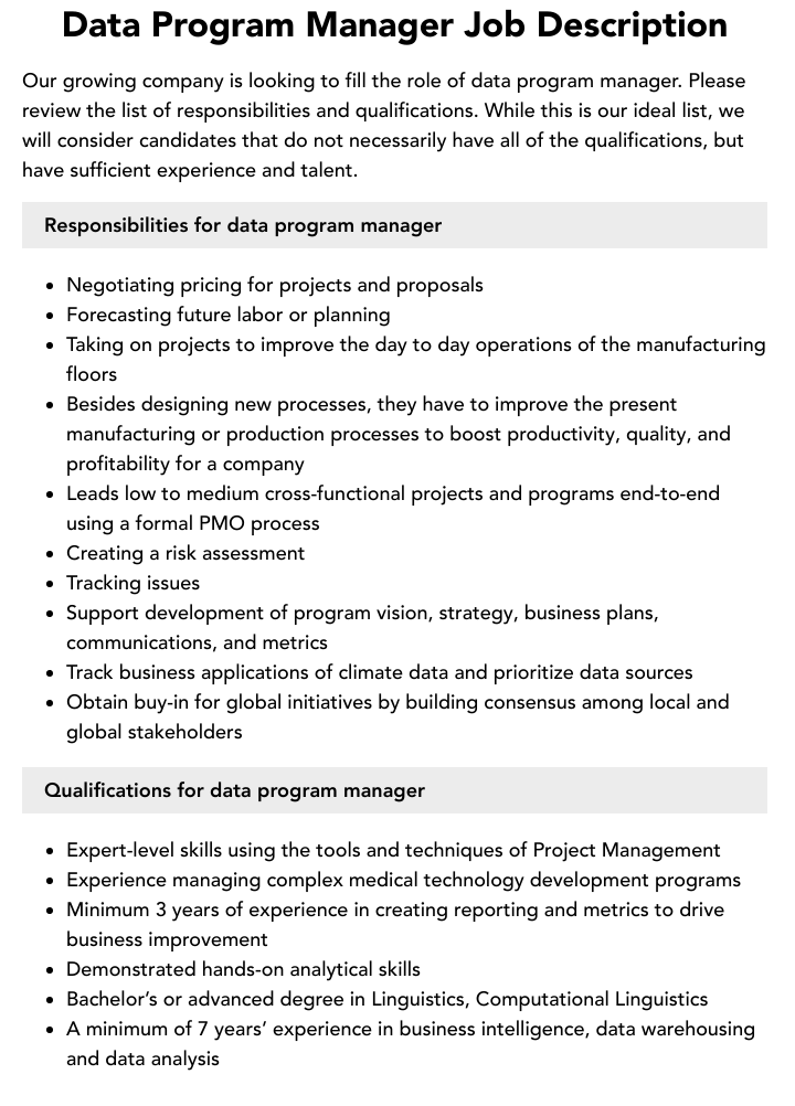 Data Program Manager Job Description Velvet Jobs