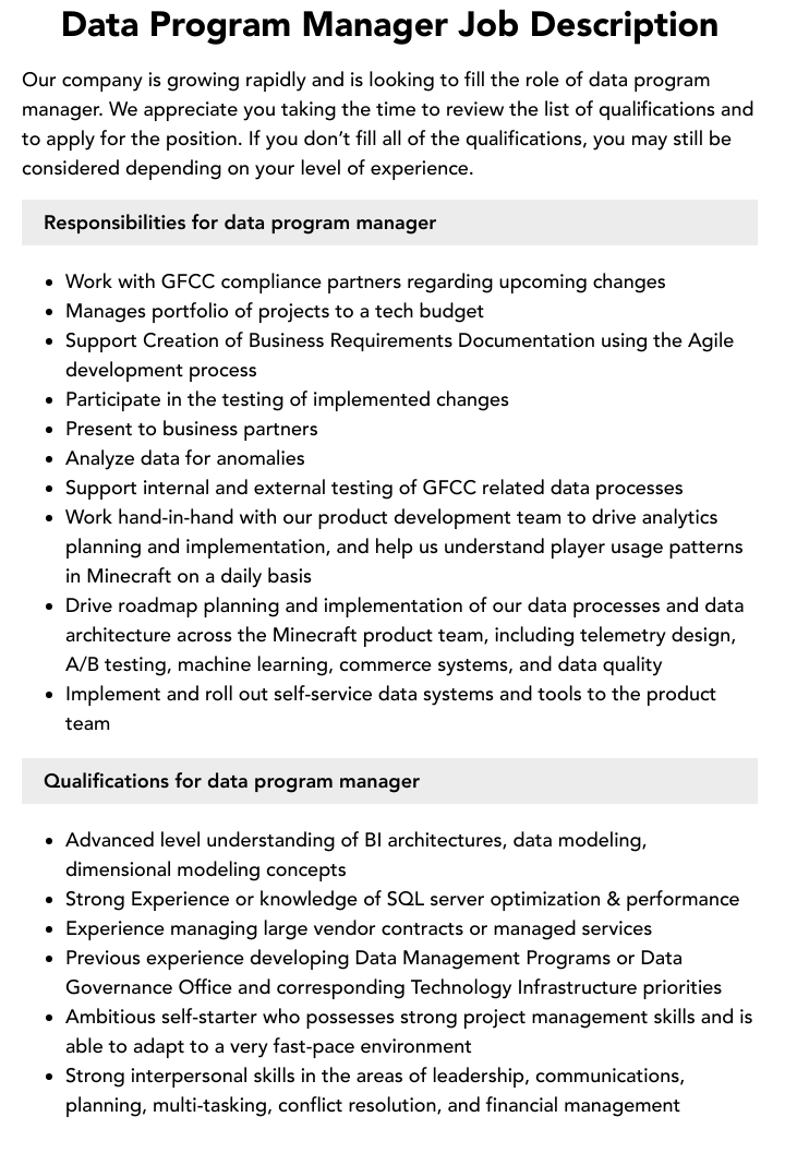 Data Program Manager Job Description Velvet Jobs