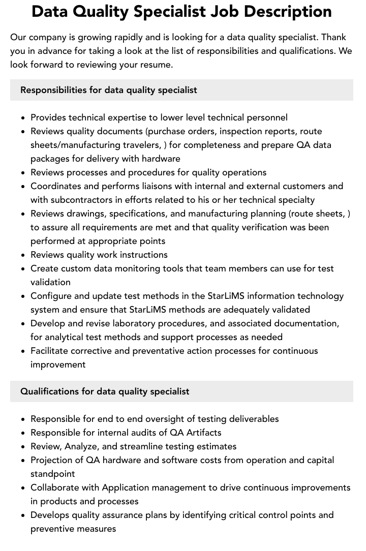 Data Quality Specialist Job Description Velvet Jobs Data Quality Specialist Job Description Velvet Jobs