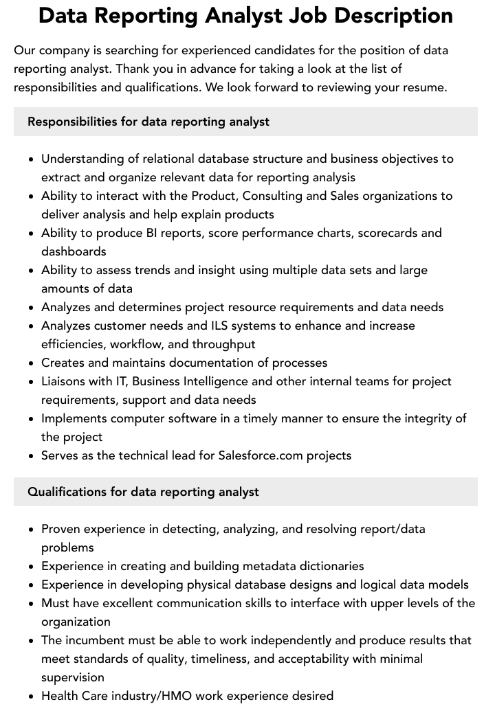 Data Reporting Analyst Job Description Velvet Jobs