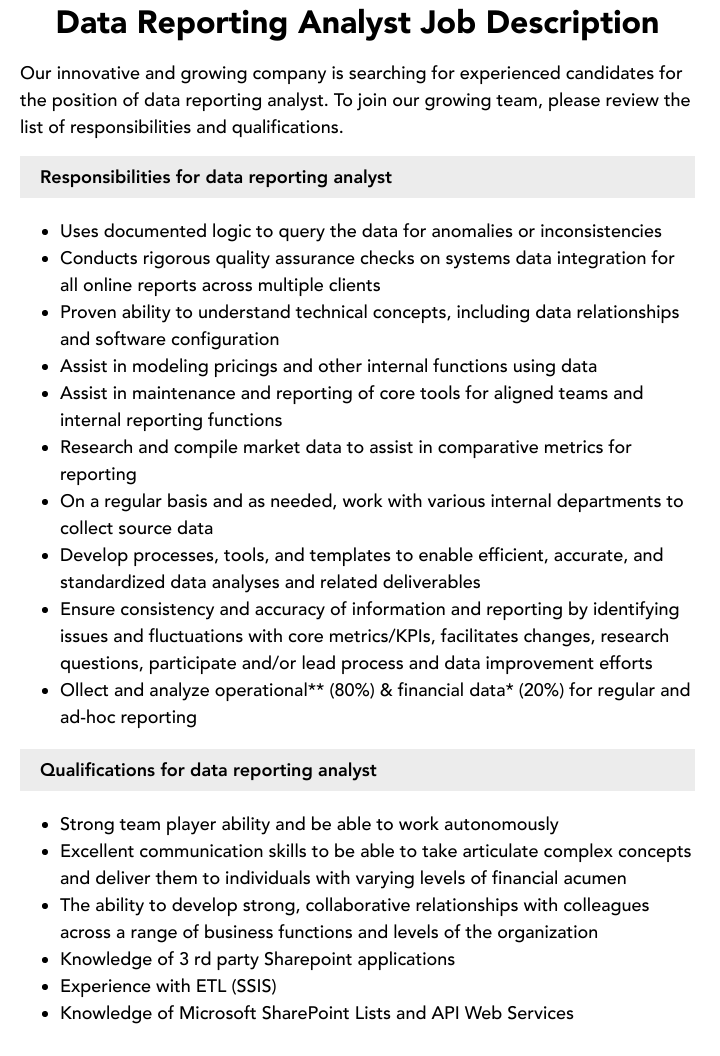 Data Reporting Analyst Job Description Velvet Jobs