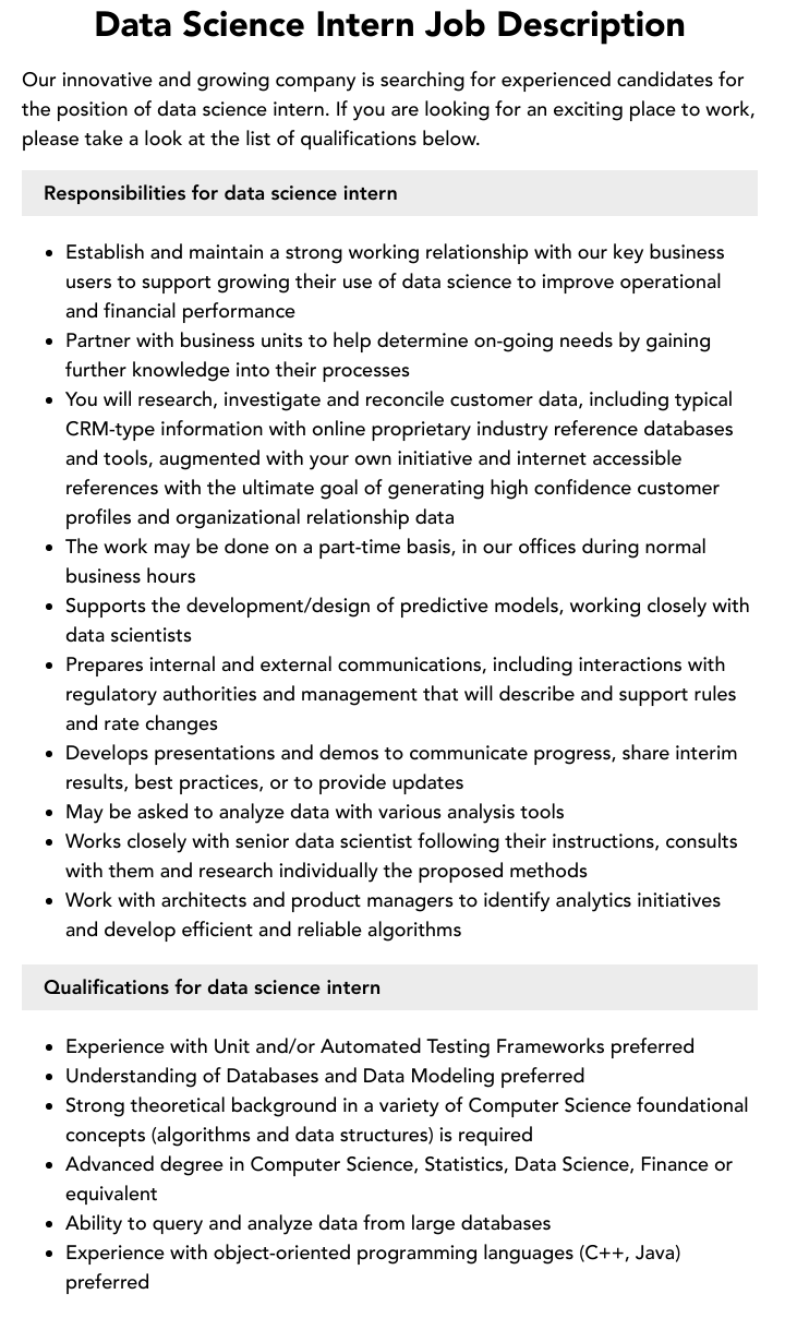 Data Science Intern Job Description Velvet Jobs