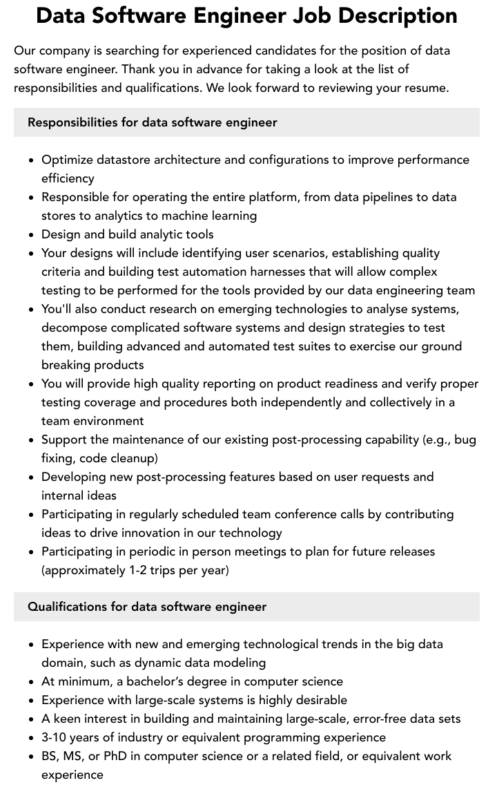 Data Software Engineer Job Description Velvet Jobs