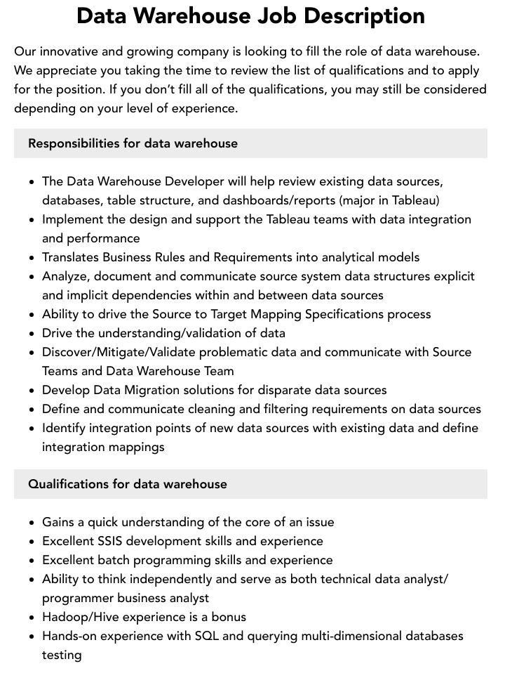 Data Warehouse Job Description Velvet Jobs