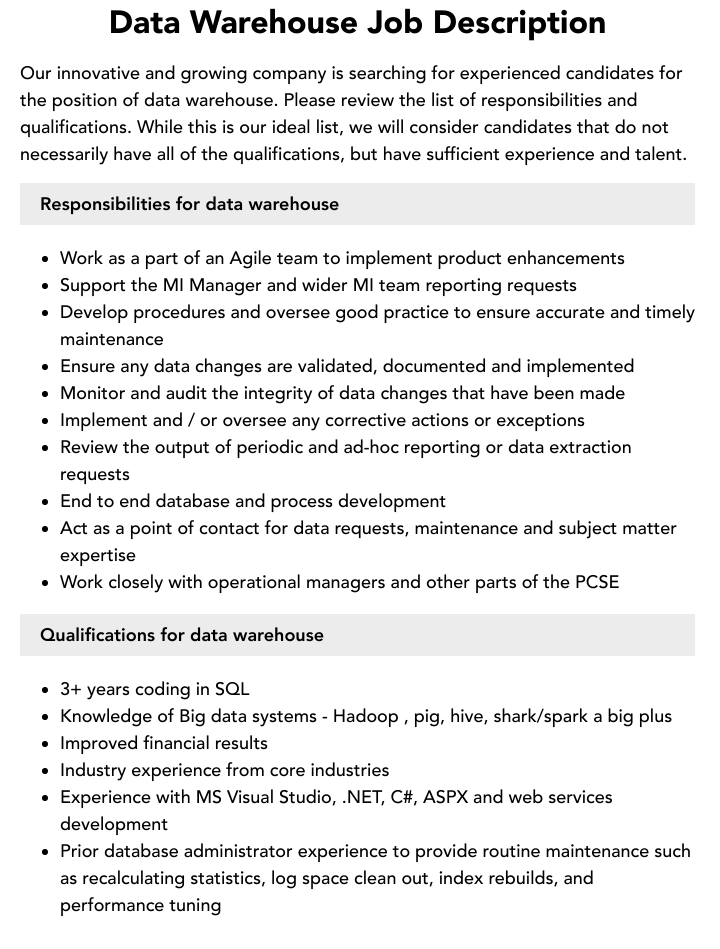 Data Warehouse Job Description Velvet Jobs