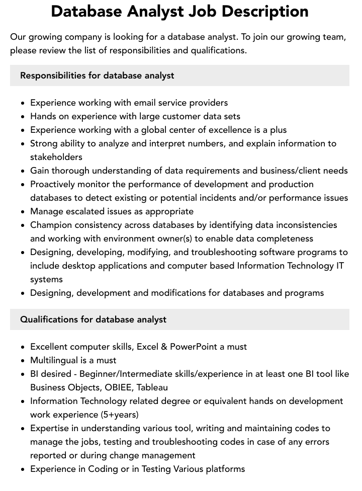 Database Analyst Job Description Velvet Jobs