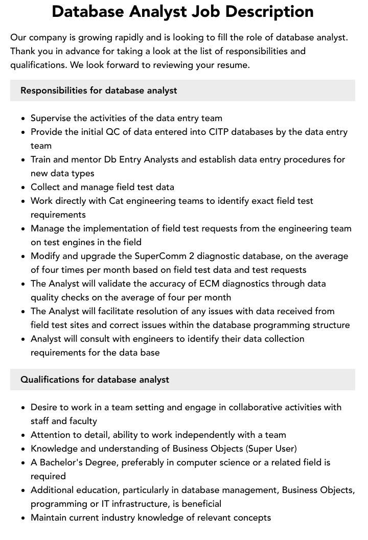 Database Analyst Job Description Velvet Jobs