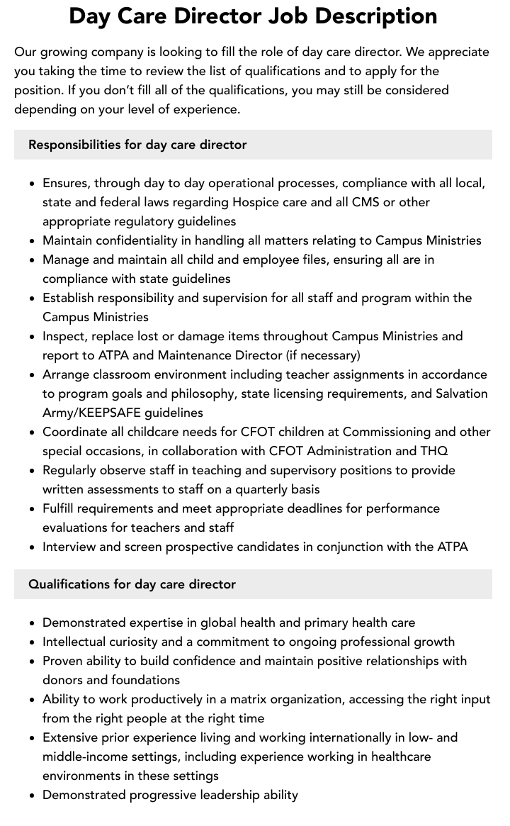  Day Care Director Job Description Velvet Jobs