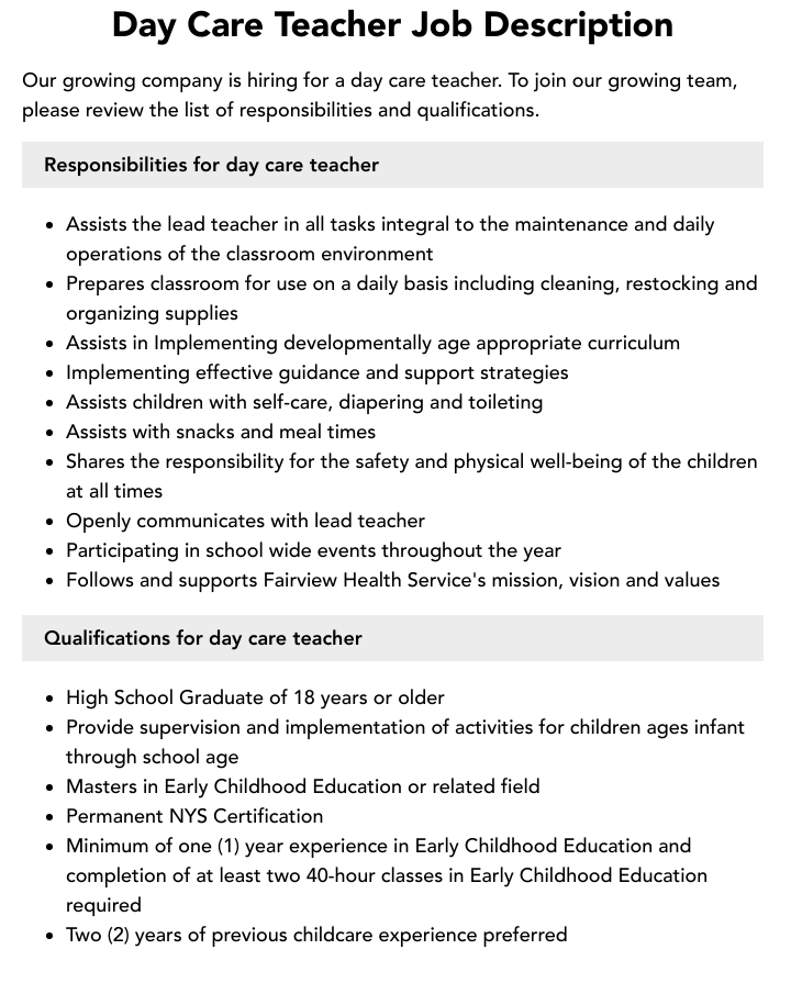 Day Care Teacher Job Description Velvet Jobs