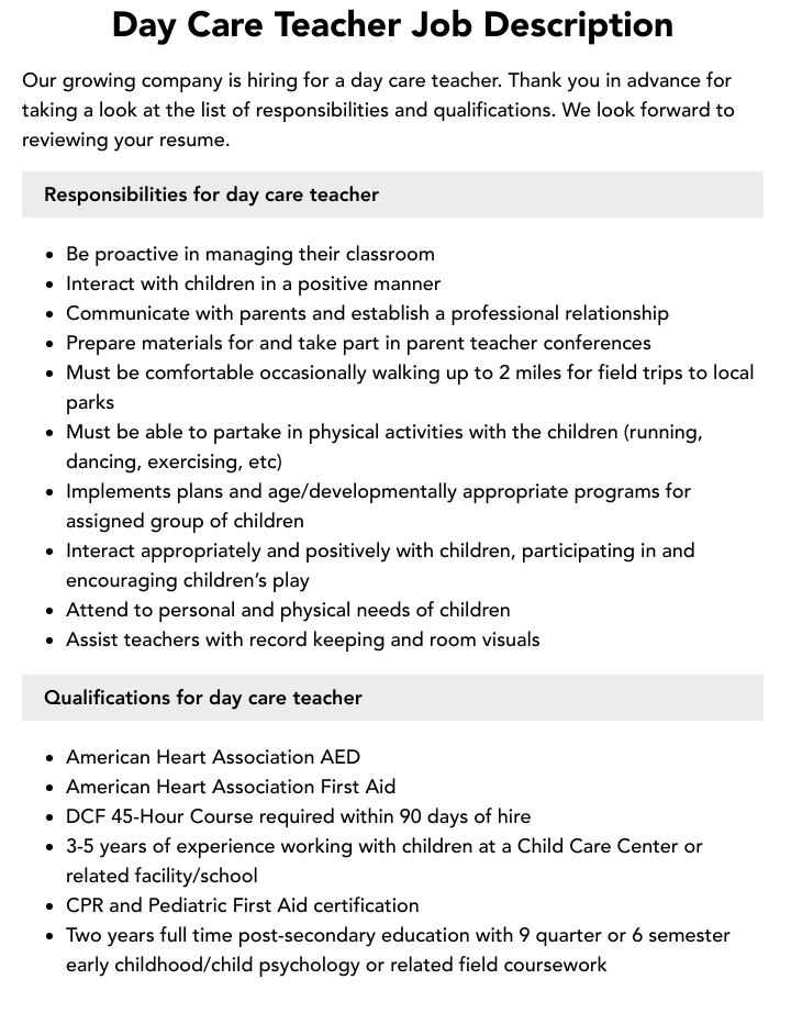  Day Care Teacher Job Description Velvet Jobs