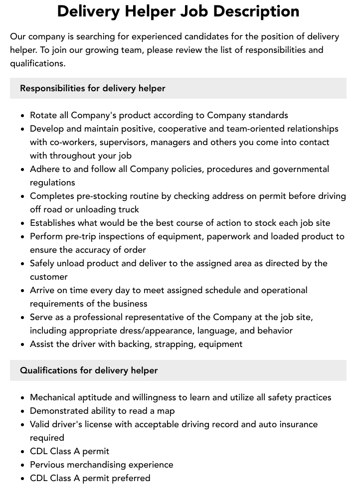 Delivery Helper Job Description Velvet Jobs Delivery Helper Job Description Velvet Jobs