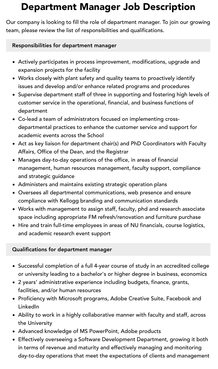 Department Manager Job Description Velvet Jobs