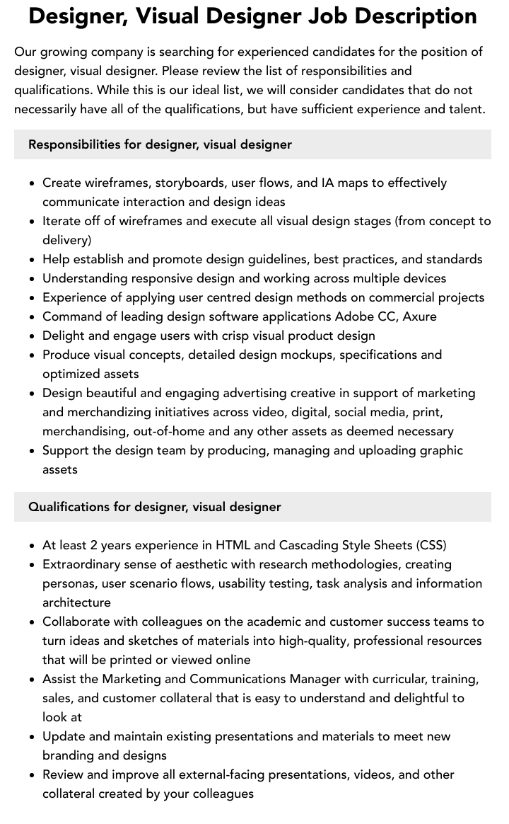 Designer Visual Designer Job Description Velvet Jobs