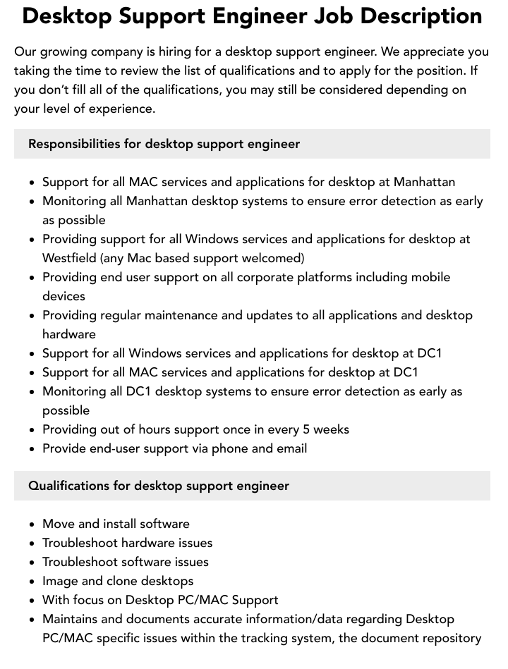 Desktop Support Engineer Job Description Velvet Jobs
