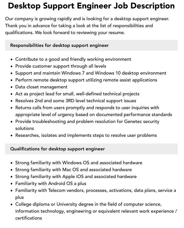 Desktop Support Engineer Job Description Velvet Jobs