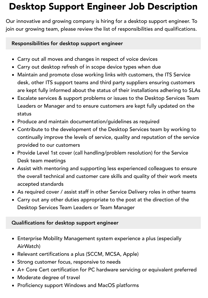 Desktop Support Engineer Job Description Velvet Jobs