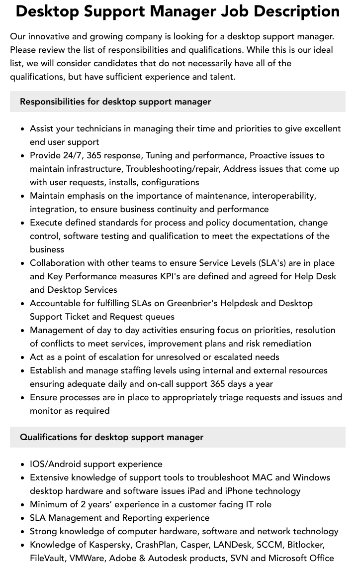 Desktop Support Manager Job Description Velvet Jobs