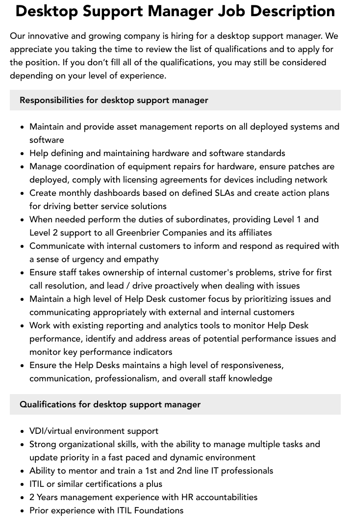 Desktop Support Manager Job Description Velvet Jobs