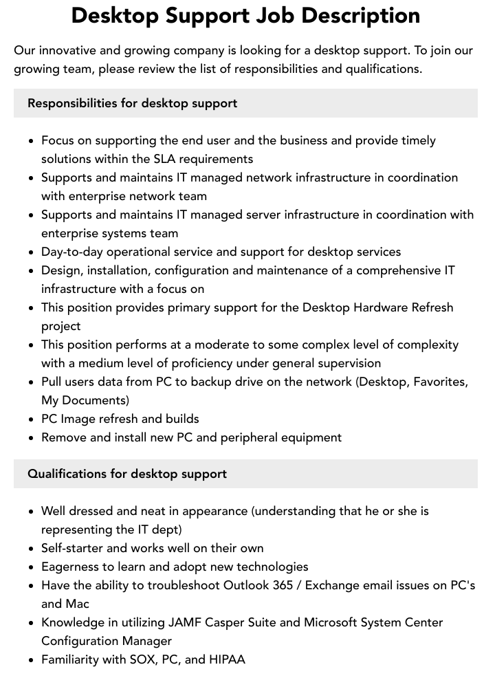Desktop Support Job Description Velvet Jobs