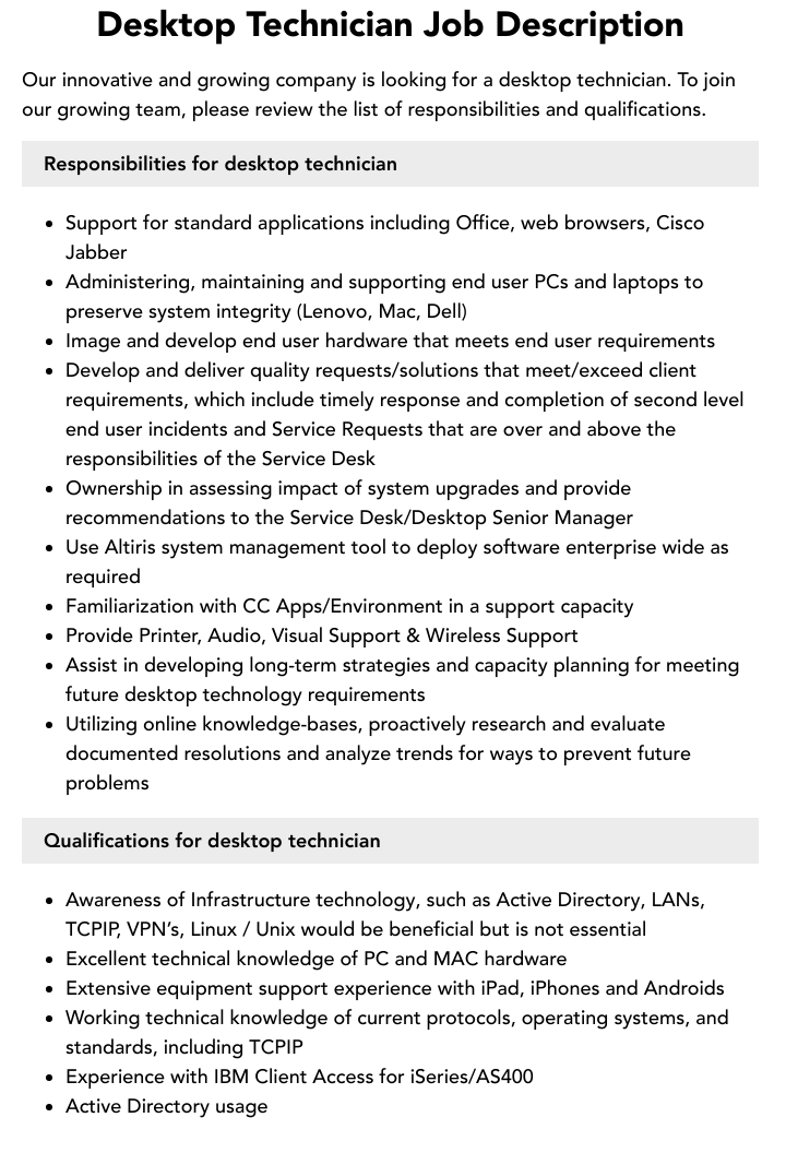 Desktop Technician Job Description Velvet Jobs