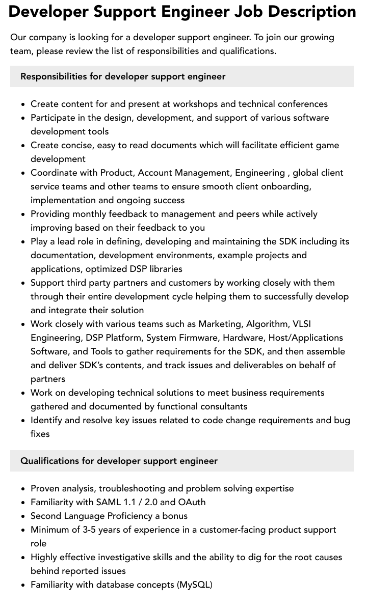 Developer Support Engineer Job Description Velvet Jobs