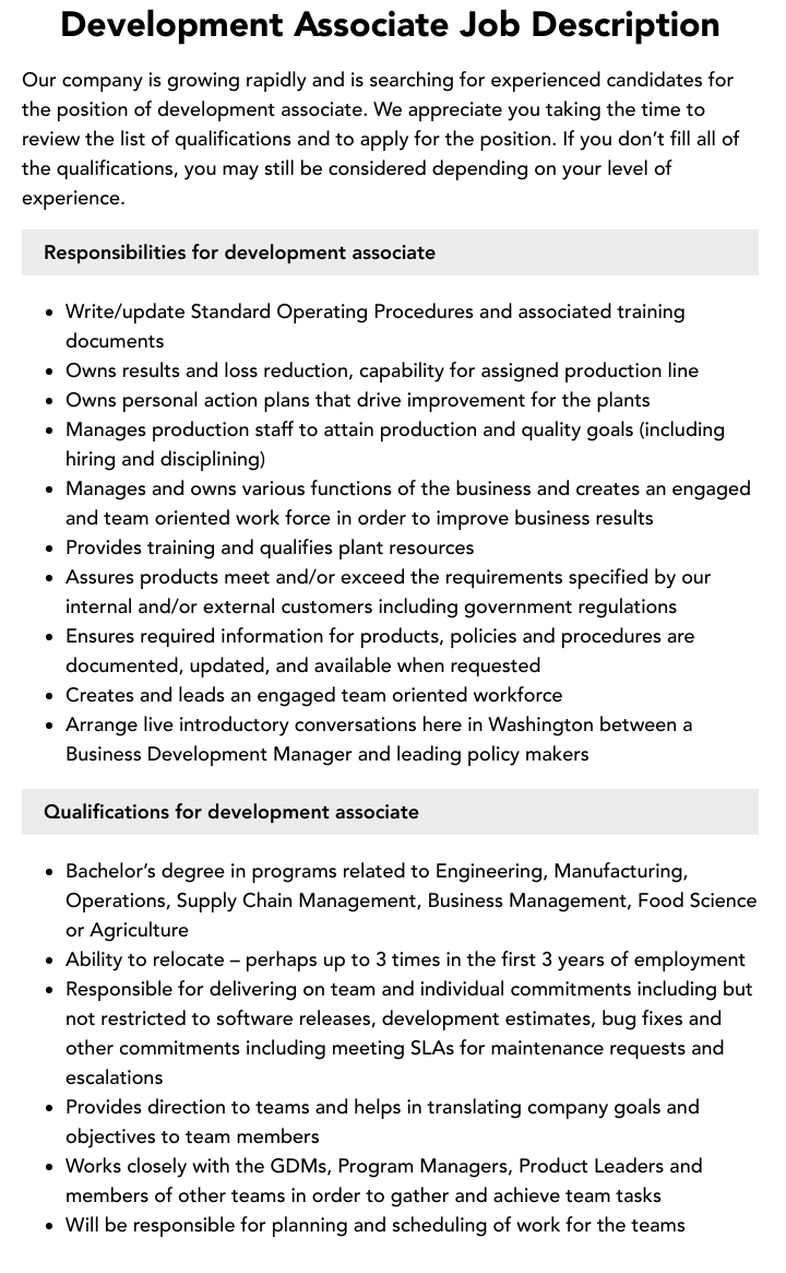 Development Associate Job Description Velvet Jobs