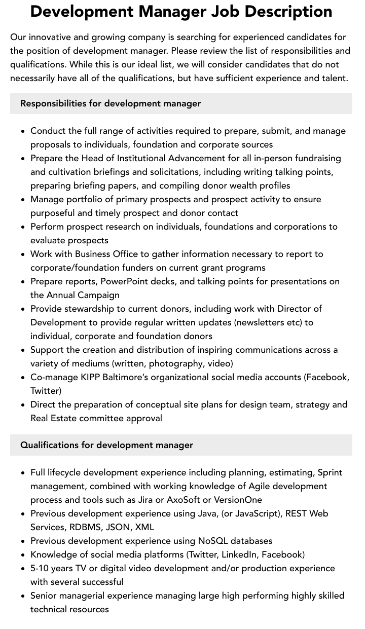 Development Manager Job Description Velvet Jobs