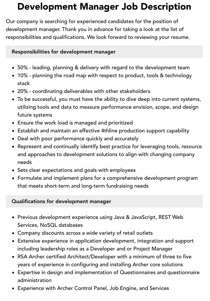 Development Manager Job Description Velvet Jobs