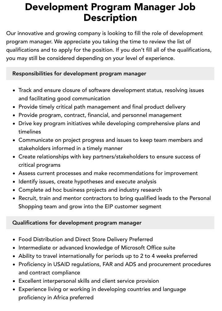 Development Program Manager Job Description Velvet Jobs